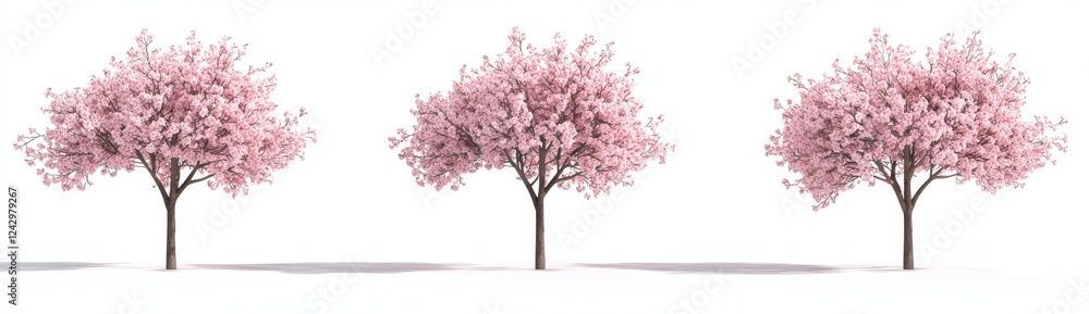Cherry trees with sakura blossoms in a frontal setup on a street during ...