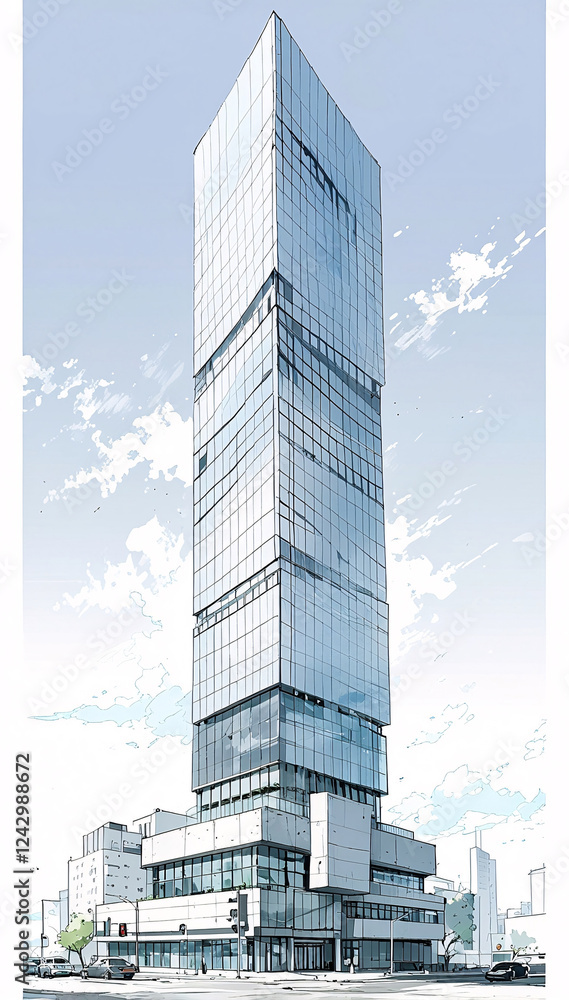 Cityscape Drawing of a Blue Building with One Point Perspective and Eye ...