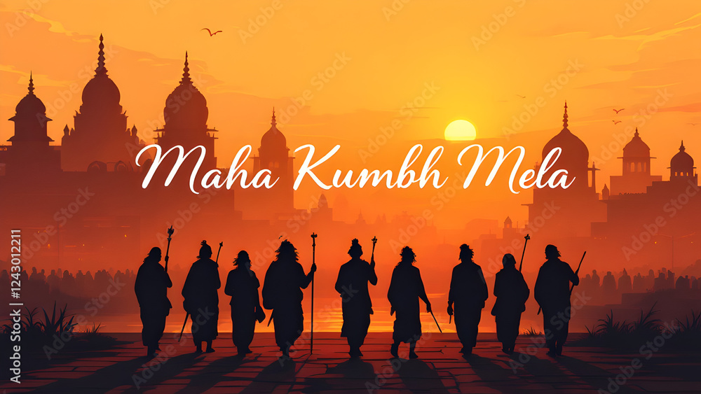 Maha Kumbh Mela Prayagraj 2025 temple poster illustration. Devotees ...