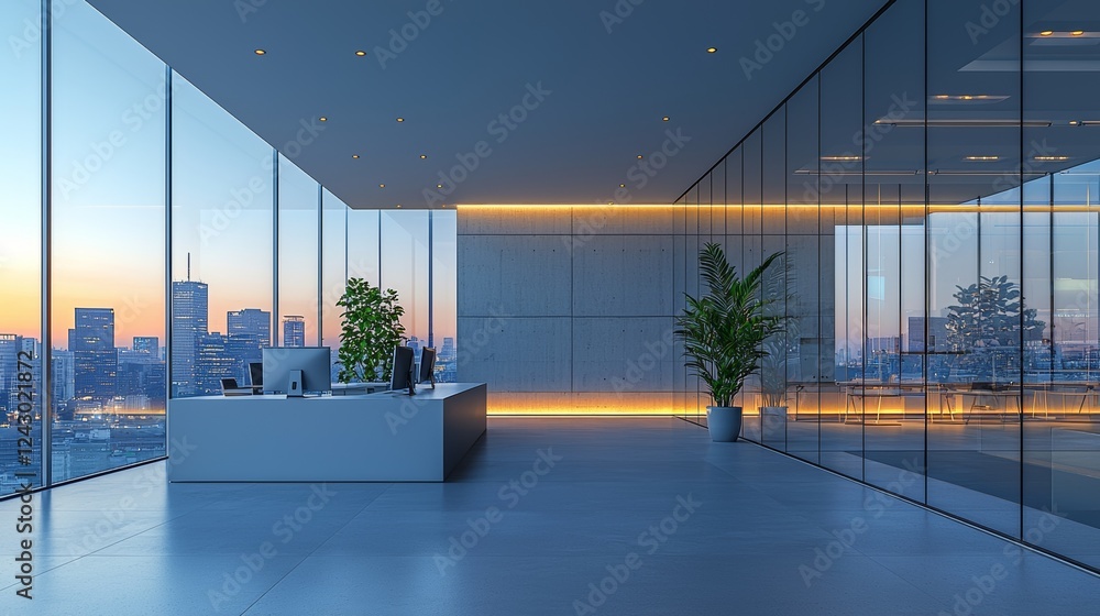 Modern office featuring a long, beautiful corridor with defocused room ...