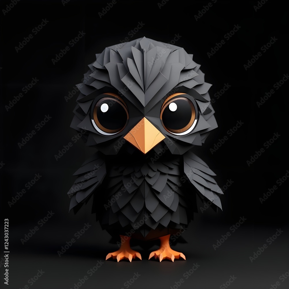 Stylized paper crow chick, origami-inspired animal art, geometric ...