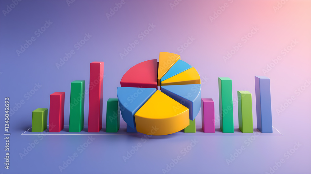 Multi colored pie chart by bar graphs, 3D illustration. Generative AI ...