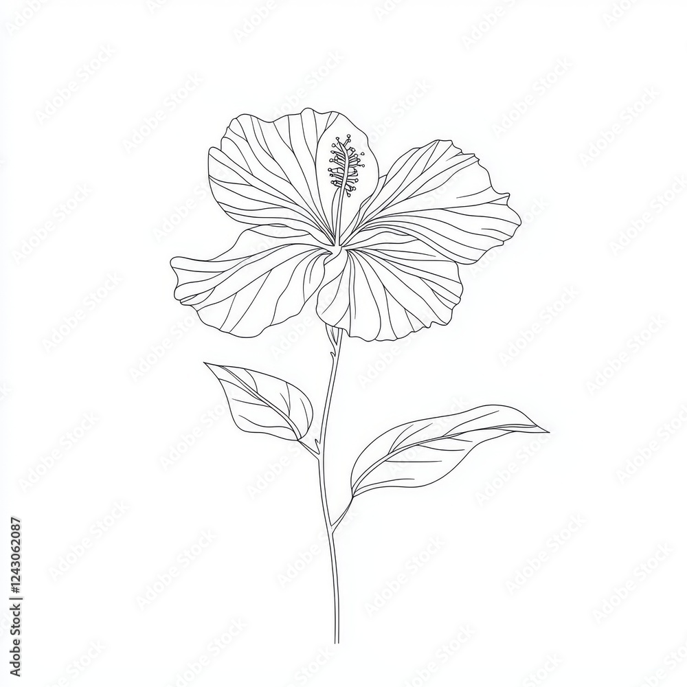 Hibiscus flower depicted in a continuous line drawing style, rendered ...
