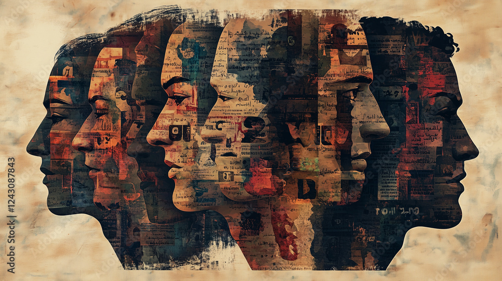 The silhouettes of various ethnic faces form a harmonious composition ...