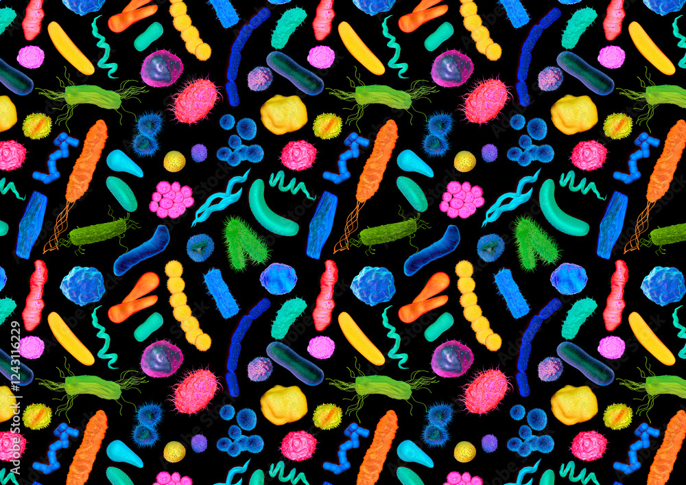 Pattern with different colorful types of bacteria on black background ...
