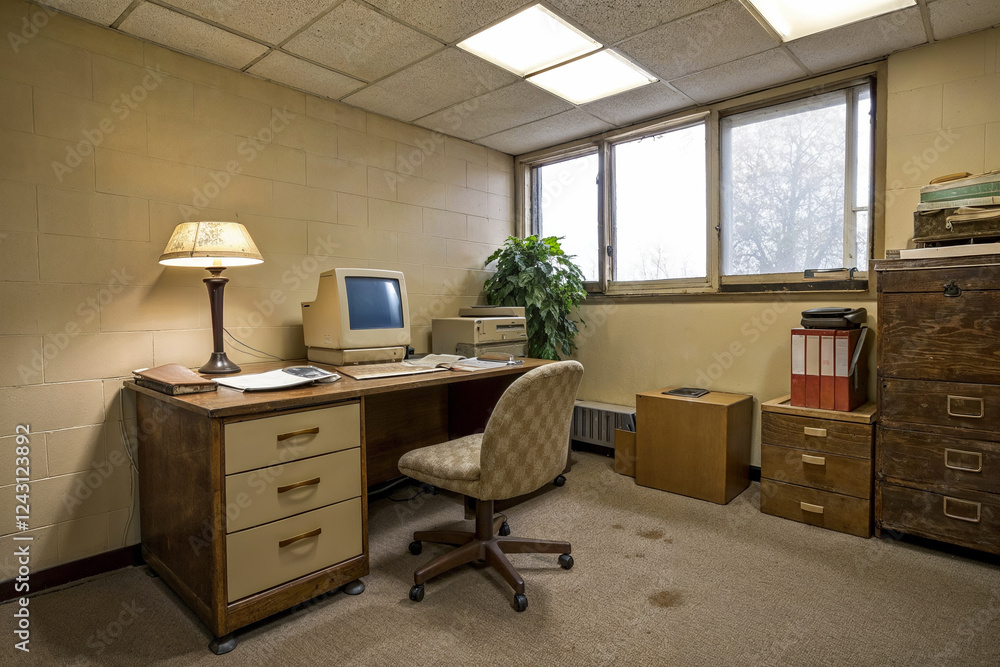 Ordinary early 2000s office interior with budget-friendly furniture and ...