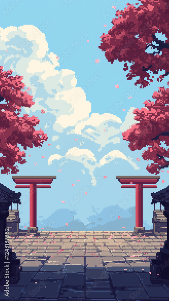 Pixel Art vertical samurai village with traditional wooden houses, red ...