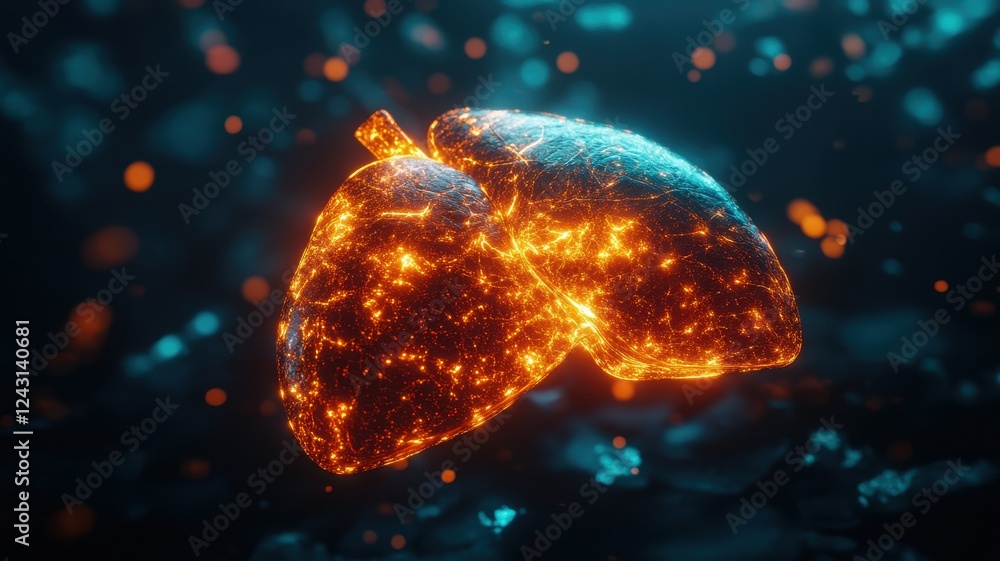 Glowing orange animated inflamed liver model digital art medical ...