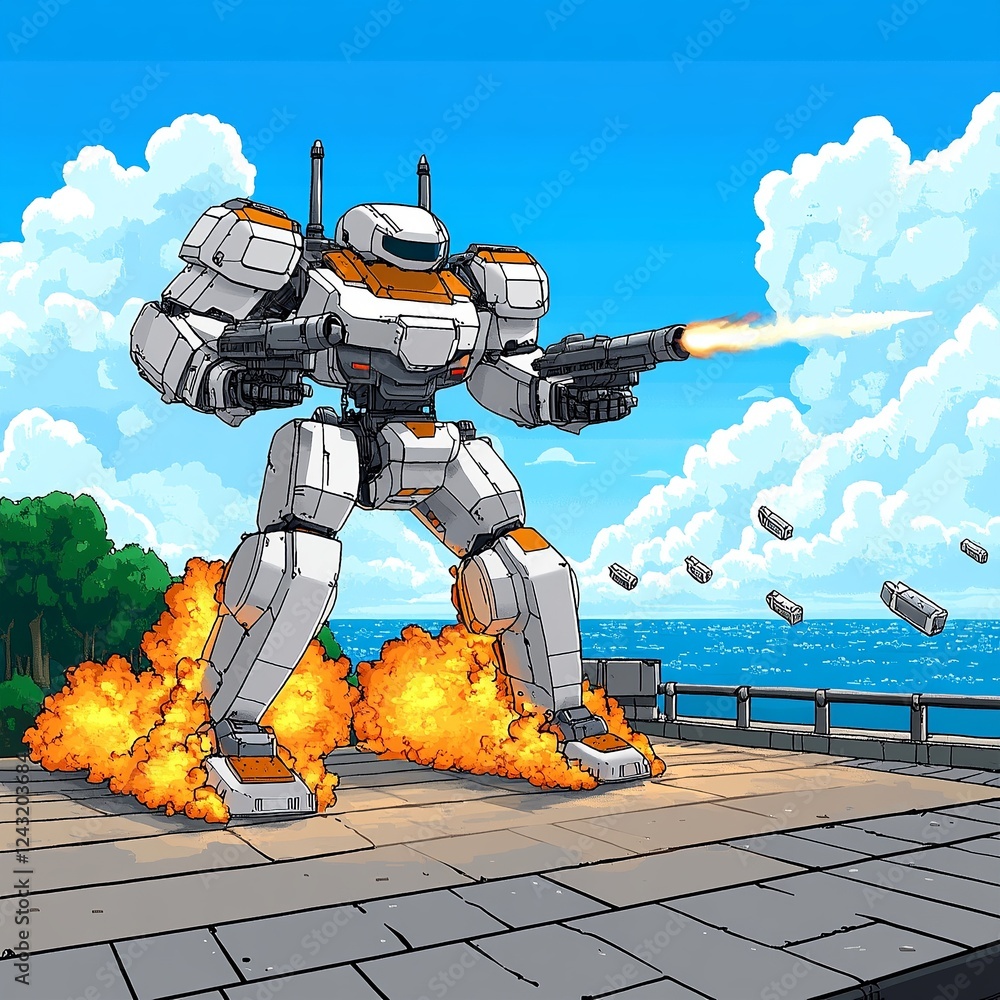 pixel art game concept of an AI robot defending a base from waves of ...