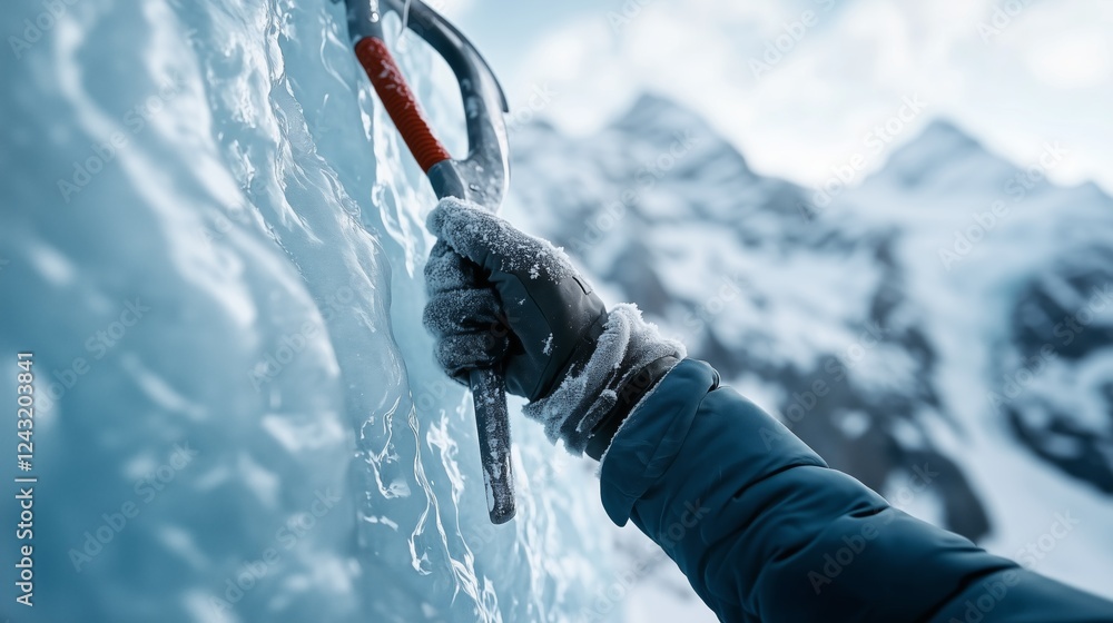 Mountaineer's gloved hand gripping sharp ice axe, scaling frozen ...