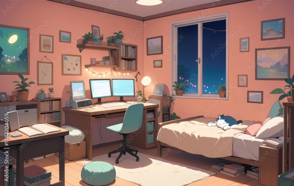 Cozy Anime-Inspired Workspace with Cat – Warm and Aesthetic Home Office ...