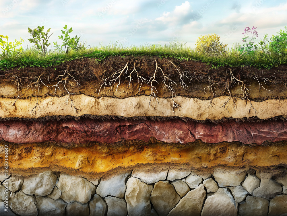 Panorama of soil layers cross section. Roots penetrate various soil ...