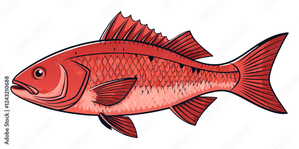 Detailed illustration of a red snapper fish, vibrant scarlet scales ...