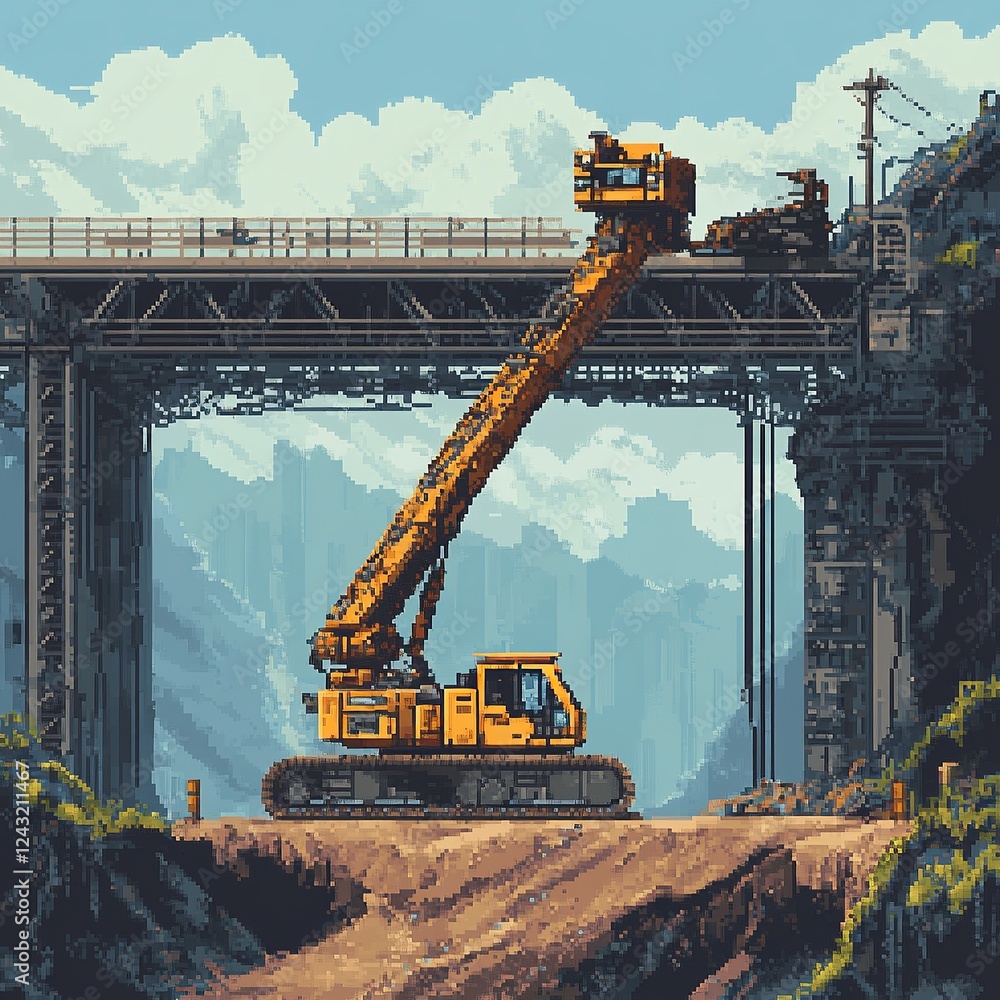 pixel art scene of an AI-guided rover repairing a pixelated bridge in a ...