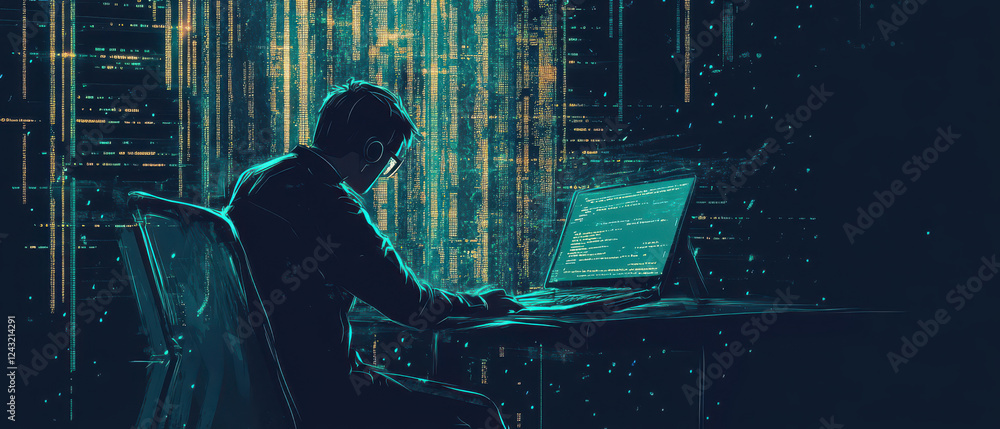 data scientist coding with machine learning algorithms, immersed in digital environment filled ...