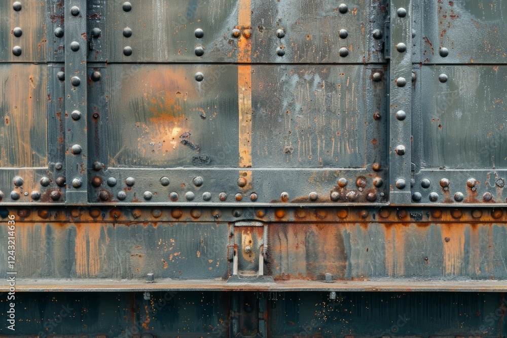 Side view of rust metal wall of railway wagon side part. Detailed photo ...