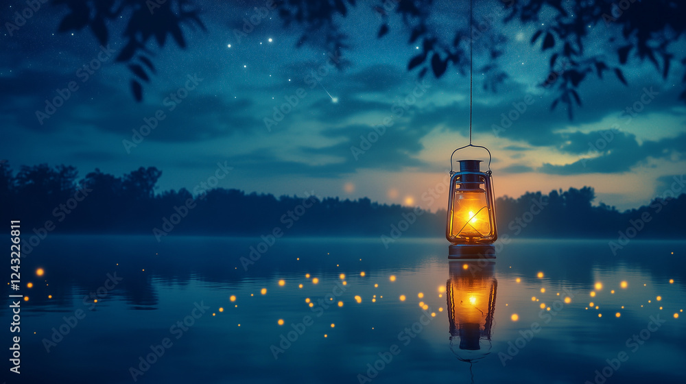 Dreamlike Floating Lantern Over a Peaceful Lake, With Fireflies and a ...