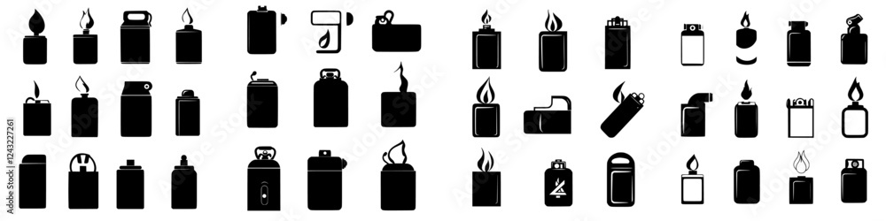 Collection of various lighter designs and types, showcasing flames and ...