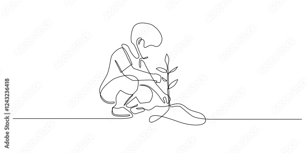 continuous line of boy planting tree seedlings.one line drawing of boy ...