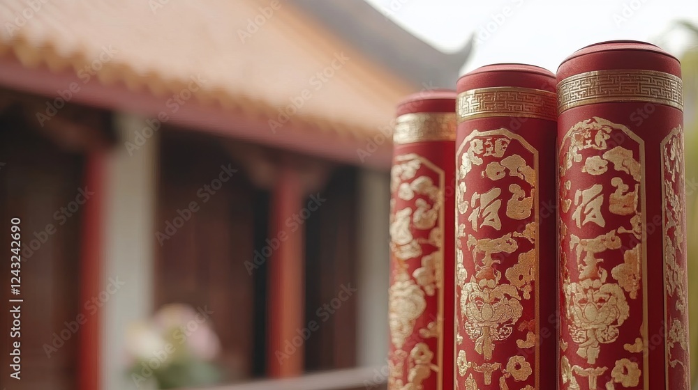 Ornate red cylinders with gold detailing stand before a blurred temple ...