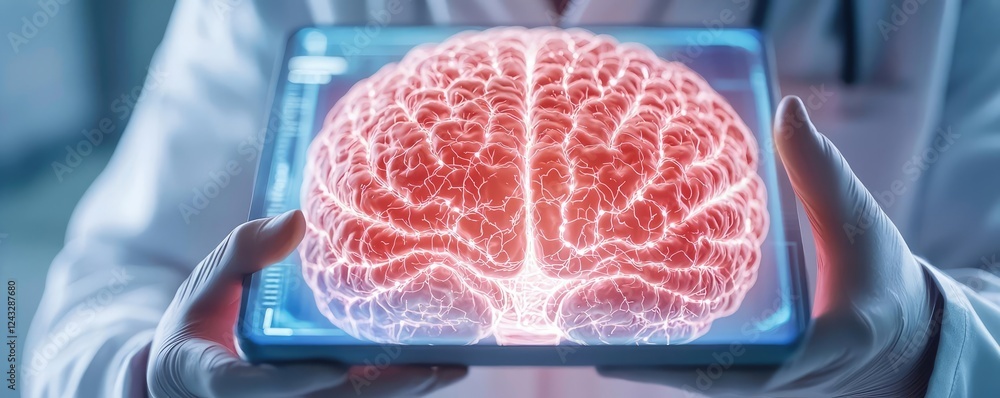 Futuristic close-up AI test, scientist interacting with glowing ...