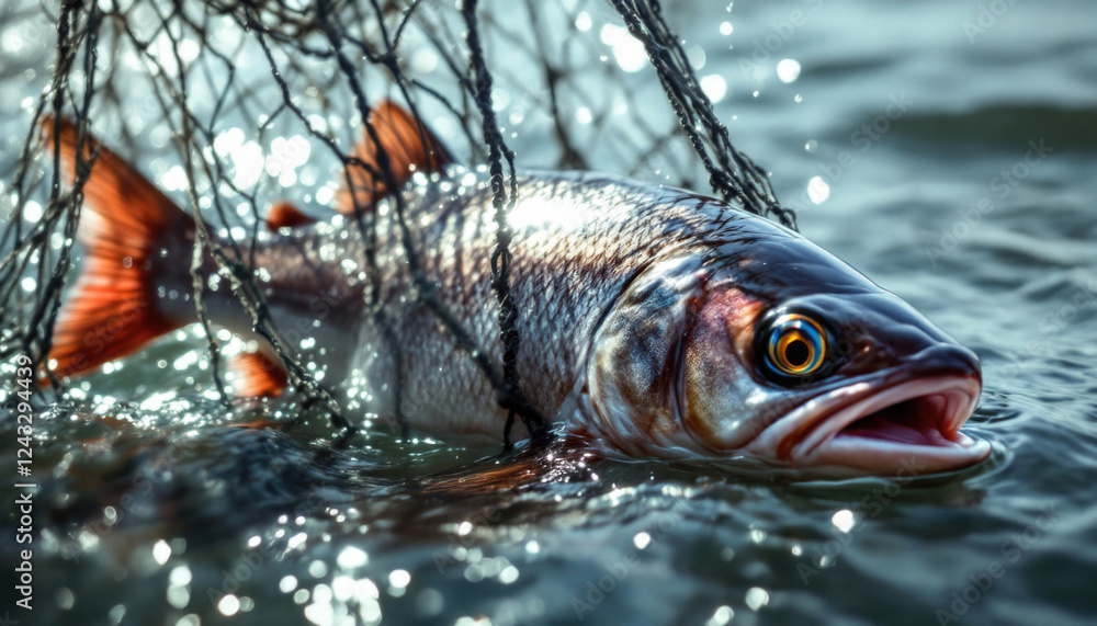 Live fish caught in net shimmering in sunlight on water surface Stock ...