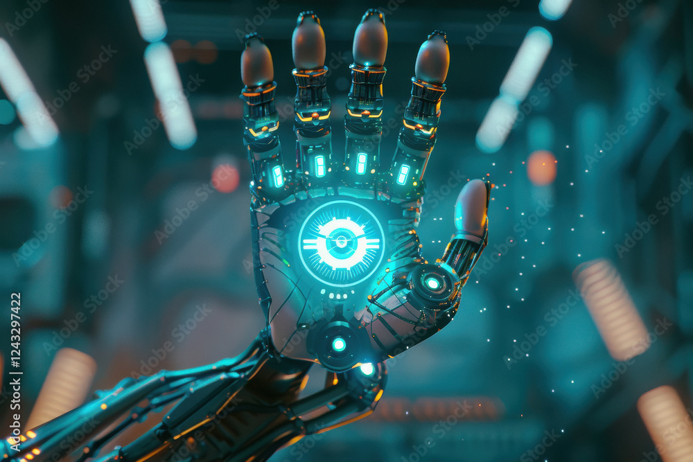 3d cgi rendering of cyberpunk cyborg hands reaching towards camera ...