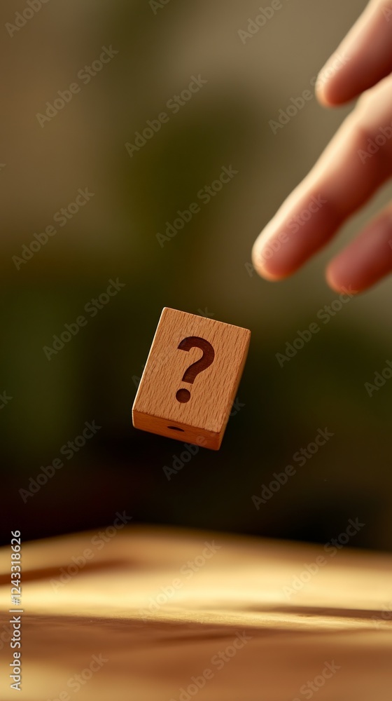 Hand pointing at a floating wooden cube with a question mark ...