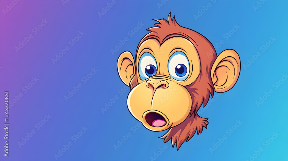 Cartoon monkey head, surprised expression, gradient background, digital illustration, print ...