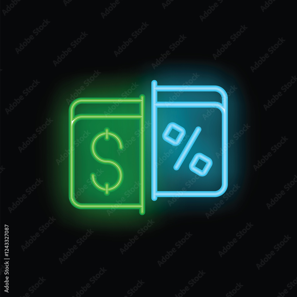 Green and blue neon sign showing two rectangles, the left one with a dollar sign and the right ...