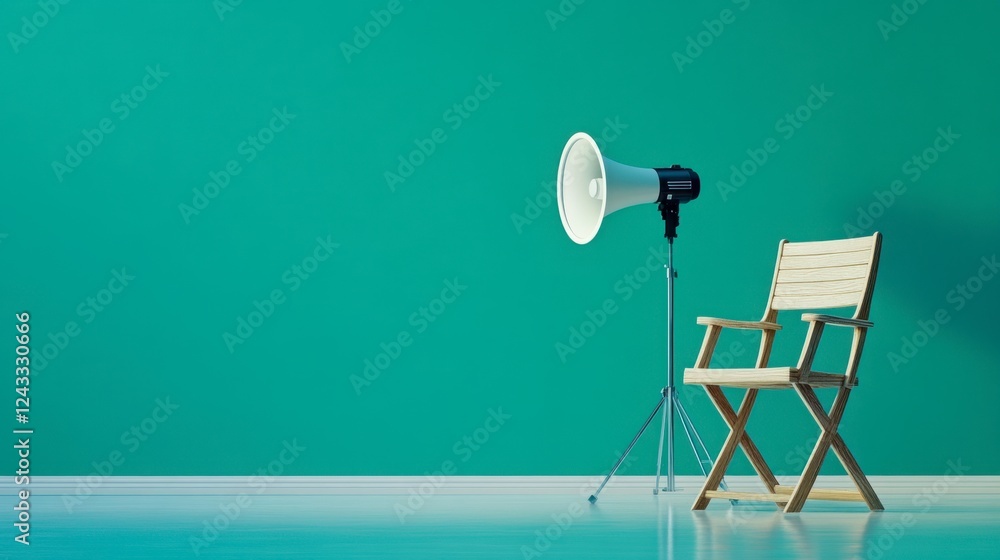 Directors chair and megaphone on a glossy studio floor with a green ...