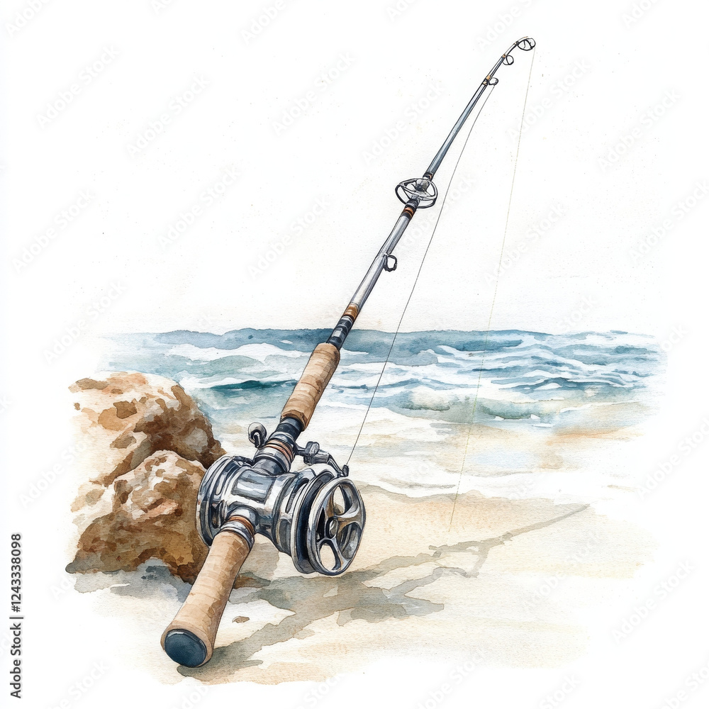 Watercolor fishing rod on beach casting line brings serene vibes Stock ...