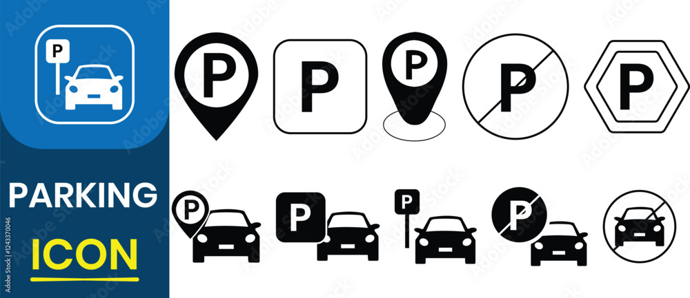 Car parking icon set. Parking and traffic, map parking pointer, public ...