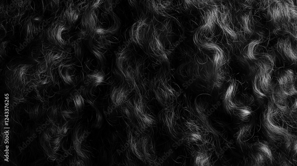 Black wool background, soft and fluffy curly hair texture, black and ...