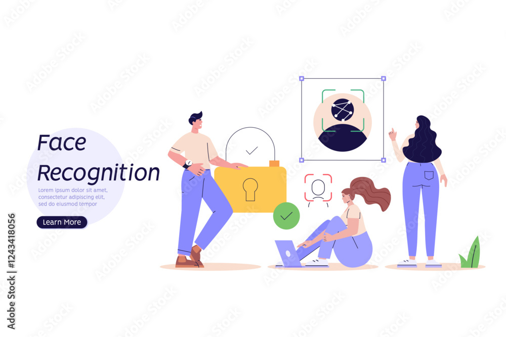 People standing with a phone, identifie a face. Concept of facial ...