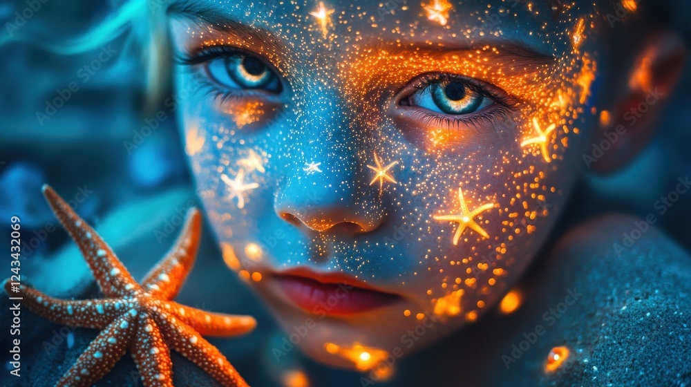 Surreal portrait of a glowing child with starry patterns on the beach ...