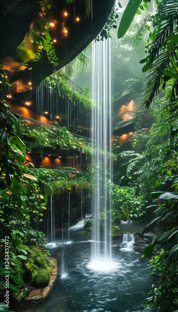 Futuristic sustainable city concept, Urban Rainforest Pavilions, multi ...