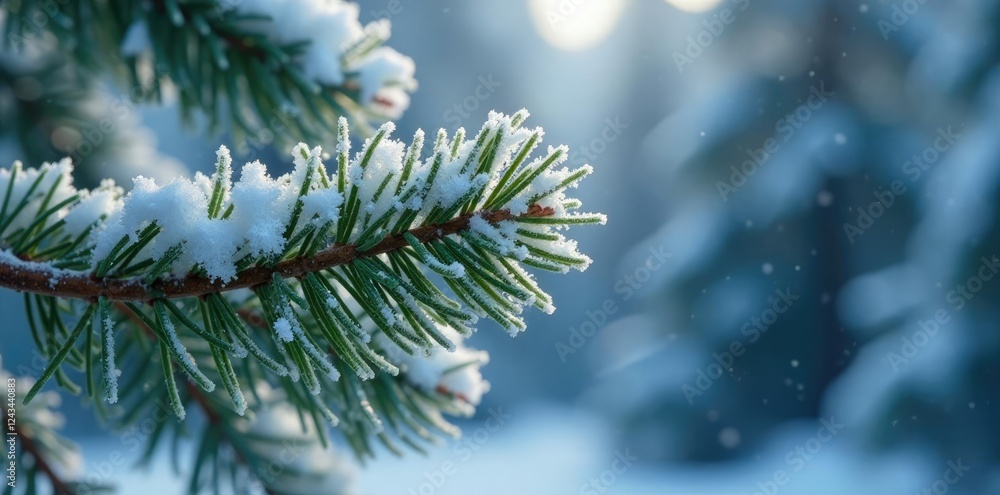 Frosty snowflakes cling to conical hemlock needles, landscape, snow ...