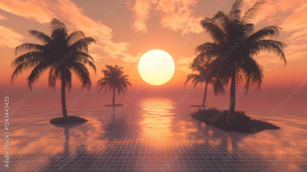 vaporwave landscape featuring a floating grid floor, palm trees, and a ...
