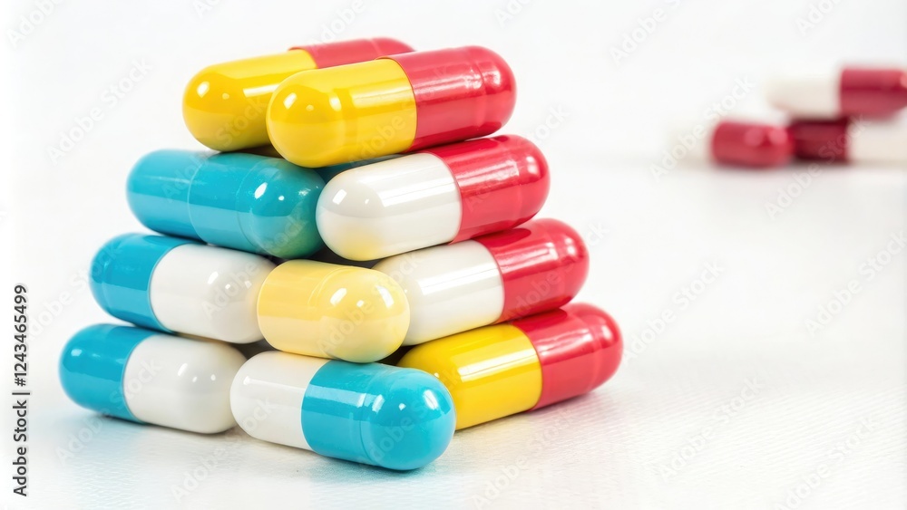 Stack of antimicrobial capsule pills on a white background with bright ...