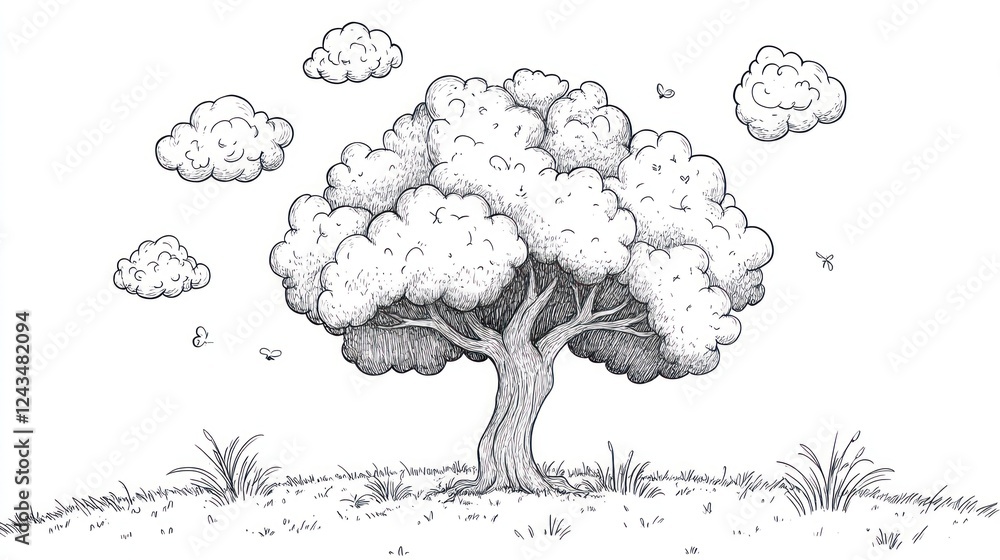Cartoon tree, breezy day, simple background, children's book ...