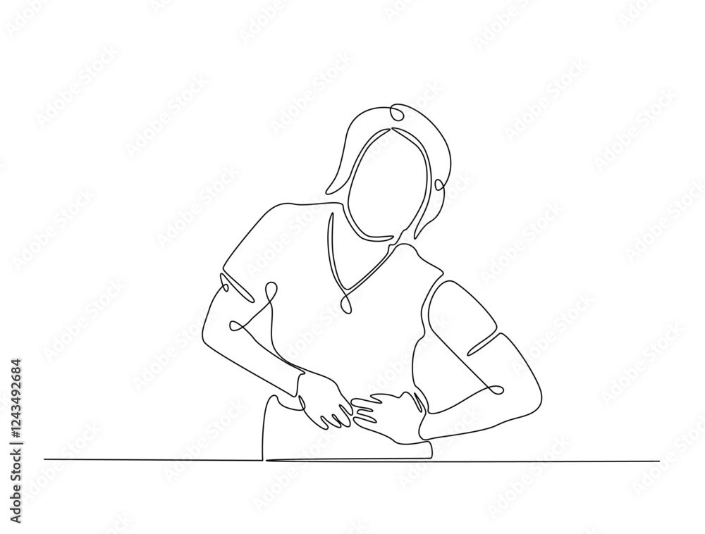 Continuous line art drawing of woman suffering from abdominal pain ...