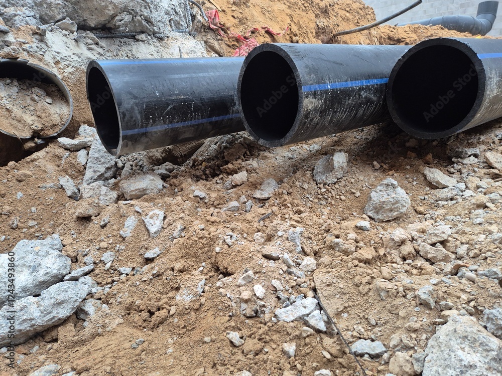 Workers installing new black plastic pipes in a trench for an ...