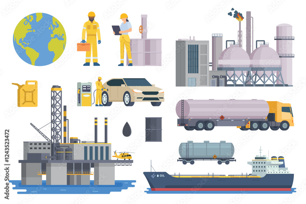 Oil & Gas Industry Illustration Bundle. Vector Set of Oil Well and Rig ...