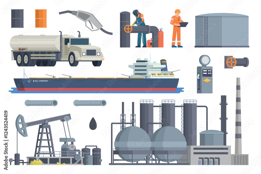 Oil & Gas Industry Illustration Bundle. Vector Set of Oil Well and Rig ...
