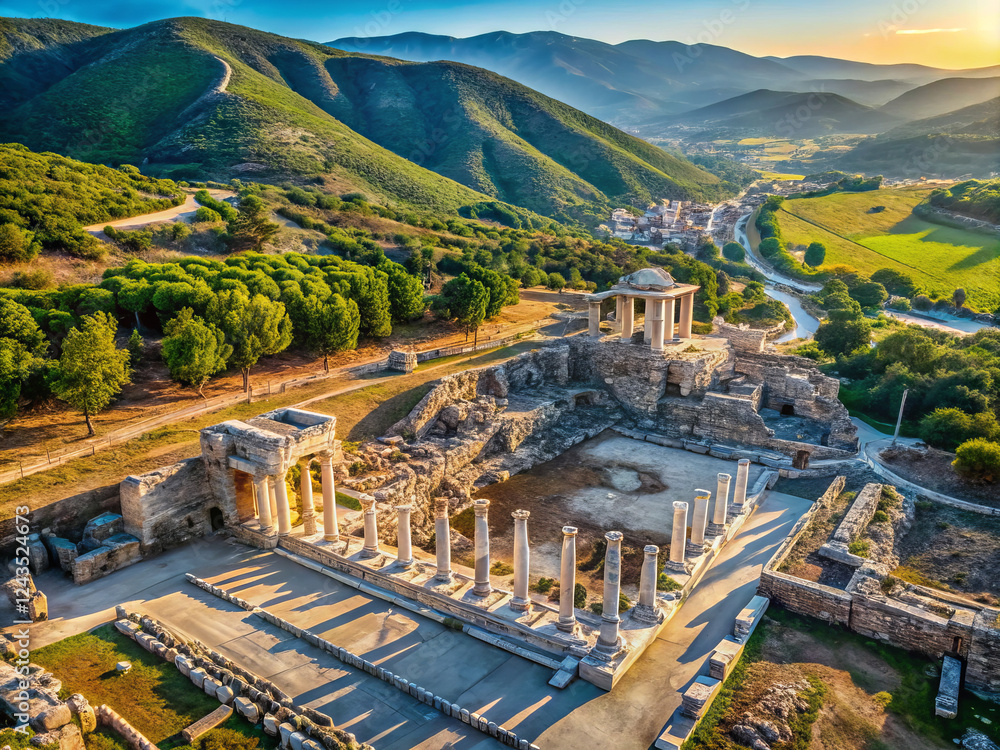 Ancient ruins of Ephesus with rolling hills and sunset view, showcasing ...