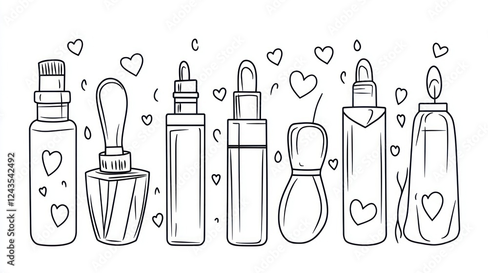 Beauty product line-up; hand-drawn bottles; love hearts; white ...