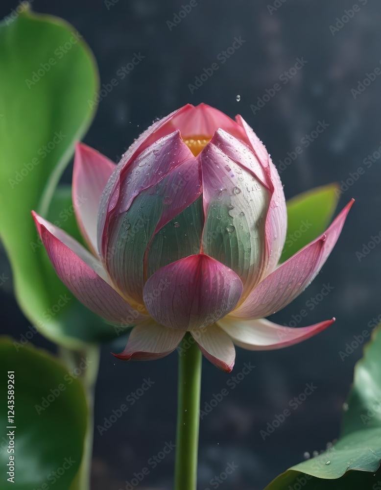Unopened lotus bud with a small amount of water inside its center ...