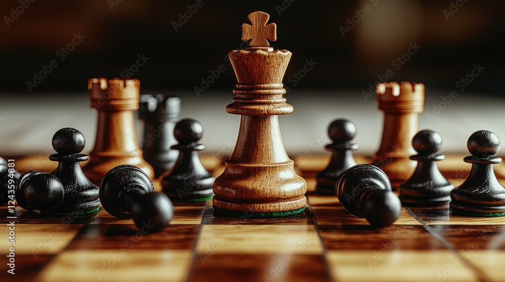White chess king positioned above fallen black pawns on a chessboard ...