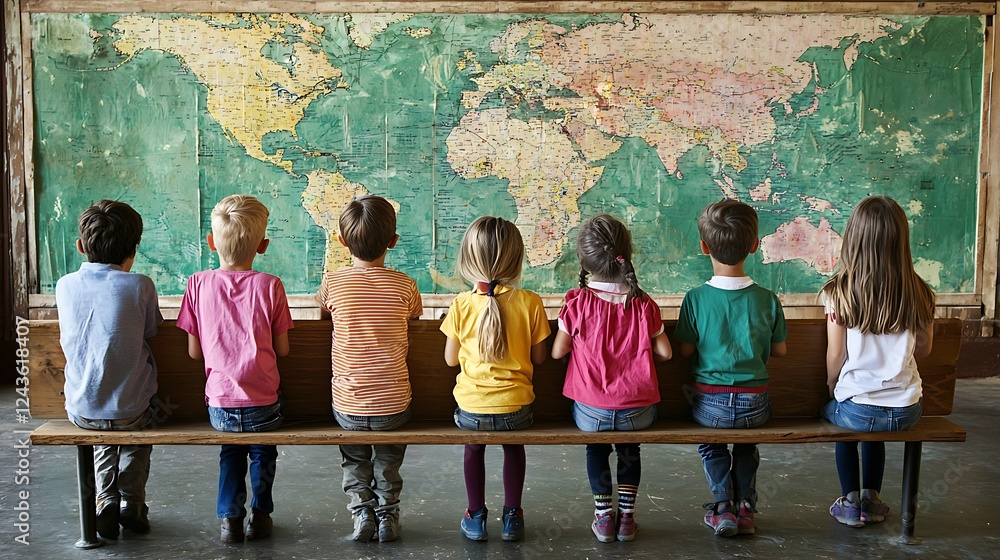 Children observing world map classroom educational activity interactive ...